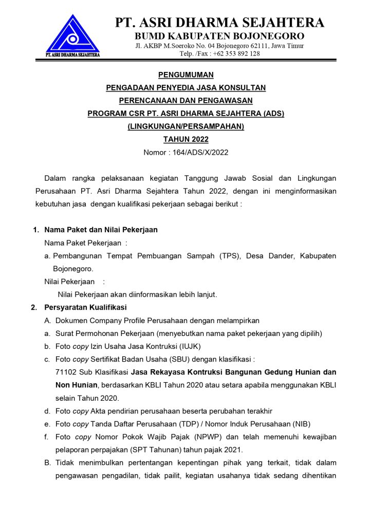 PENGUMUMAN LELANG PEMBANGUNAN TPS - ADS BUMD BOJONEGORO PENGUMUMAN LELANG PEMBANGUNAN TPS - ADS BUMD BOJONEGORO